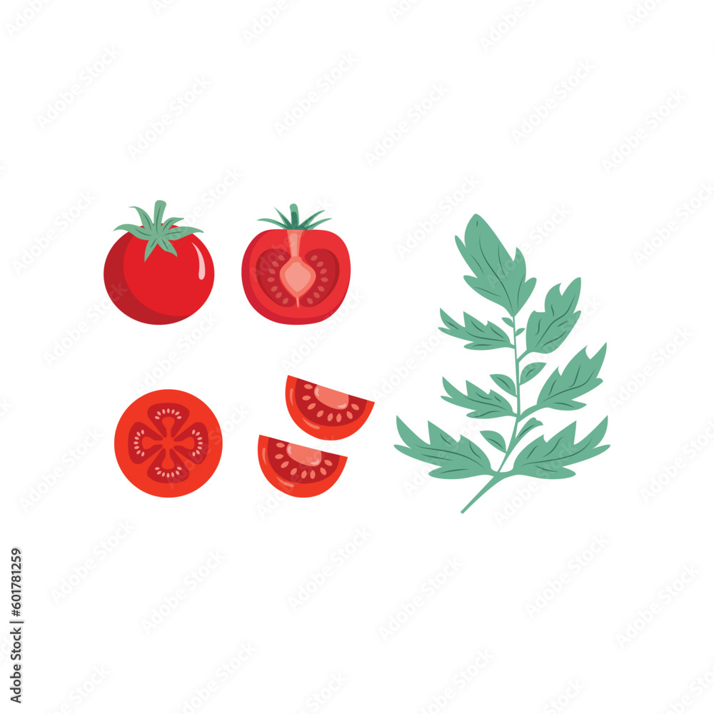 Red tomato vector illustration. Cut tomato, tomato slice, leaves ...