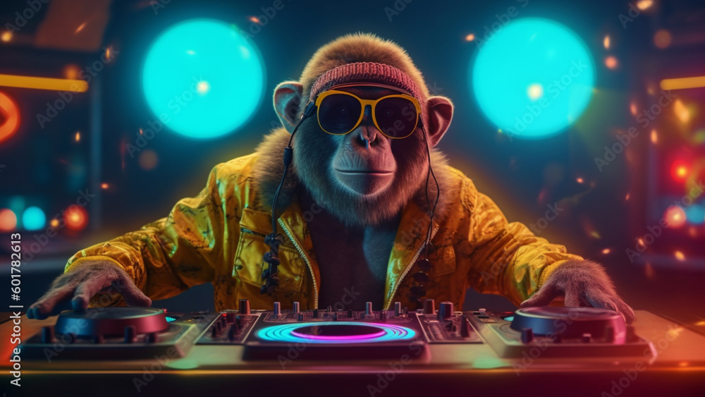 DJ Monkey in the club! Cool golden leather jacket monkey with ...