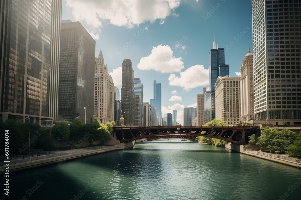 Daytime Chicago downtown skyline and riverwalk with bridges. Education ...