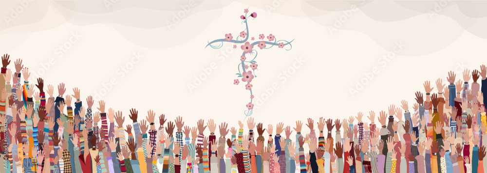 Group of many Christians people with raised hands praying or singing ...