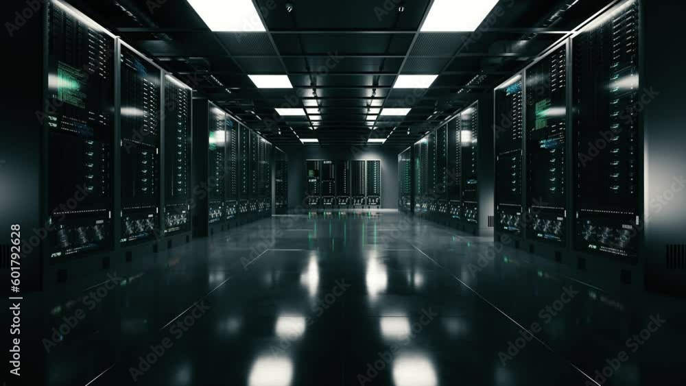 Data center in black server room. Walkthrough server racks of server ...