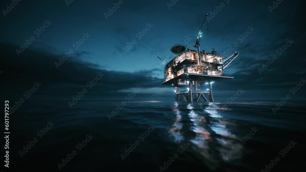 Oil rig platform at the sea. Oil rig at night. Offshore drilling rig ...