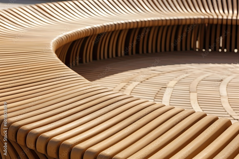 Closeup Full Frame View of Curved Plywood Public Bench Detail: Daylight ...