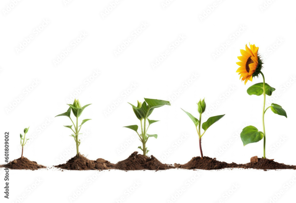Sunflower plant depicted in various stages of growth, showcasing its ...