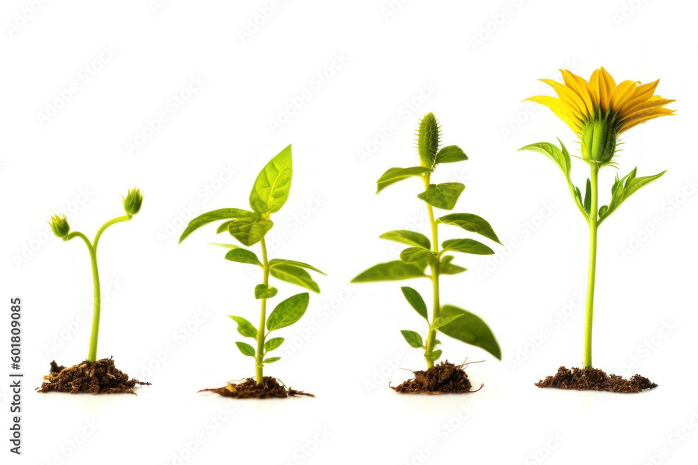 Sunflower plant depicted in various stages of growth, showcasing its ...