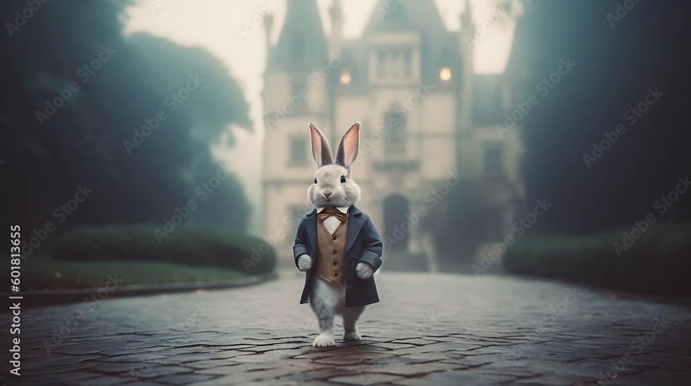 Elegant rabbit in suit with the mysterious castle background ...