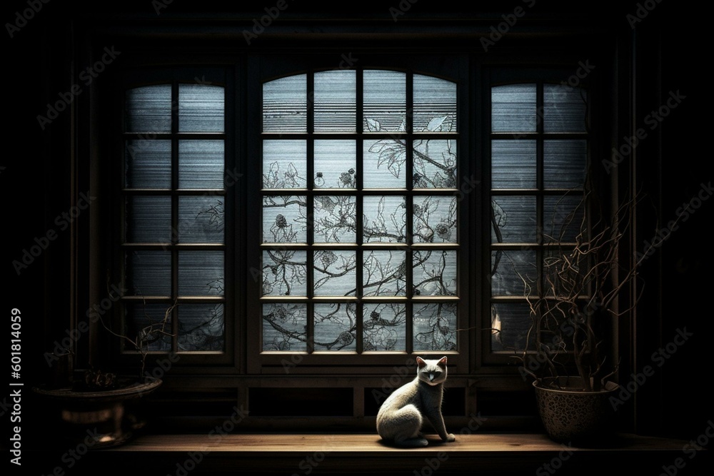 Artistic rendering of a window with a feline figure. The design is ...