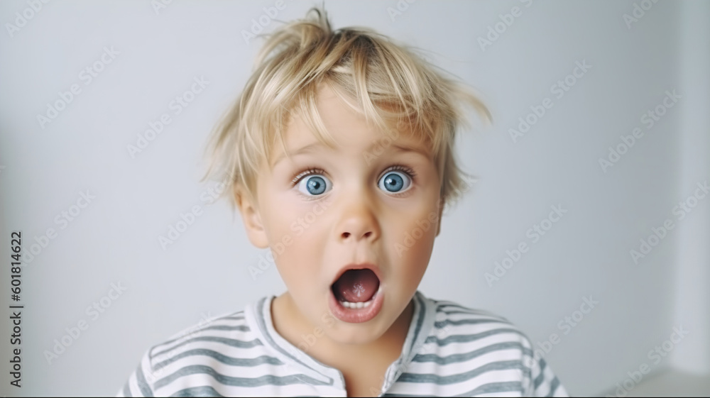 Emotional excited cute little boy raising eyebrows and open mouth being ...