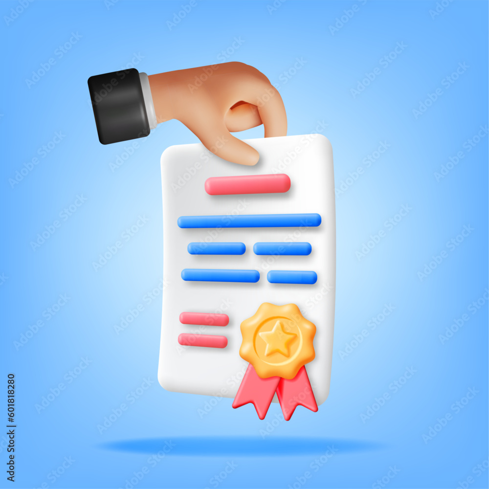 3D Certificate Icon with Stamp and Ribbon in Hand Isolated. Render ...