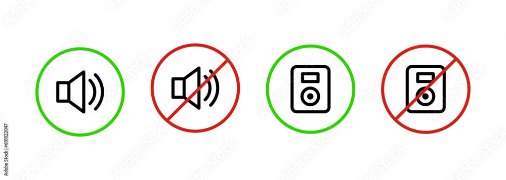 No sound vector icon set. Speaker is forbidden symbol. Keep silence ...