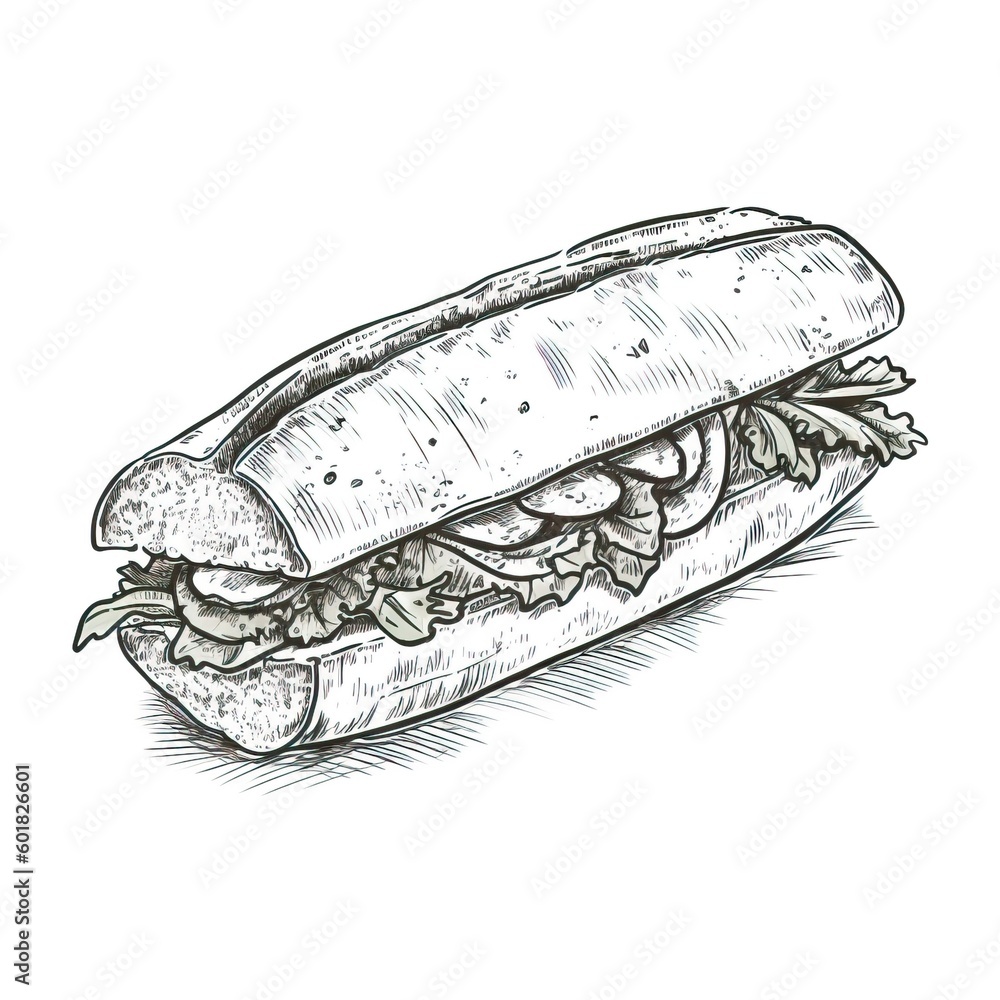 A hand-drawn black and white sketch of an open-faced Vietnamese Banh Mi ...
