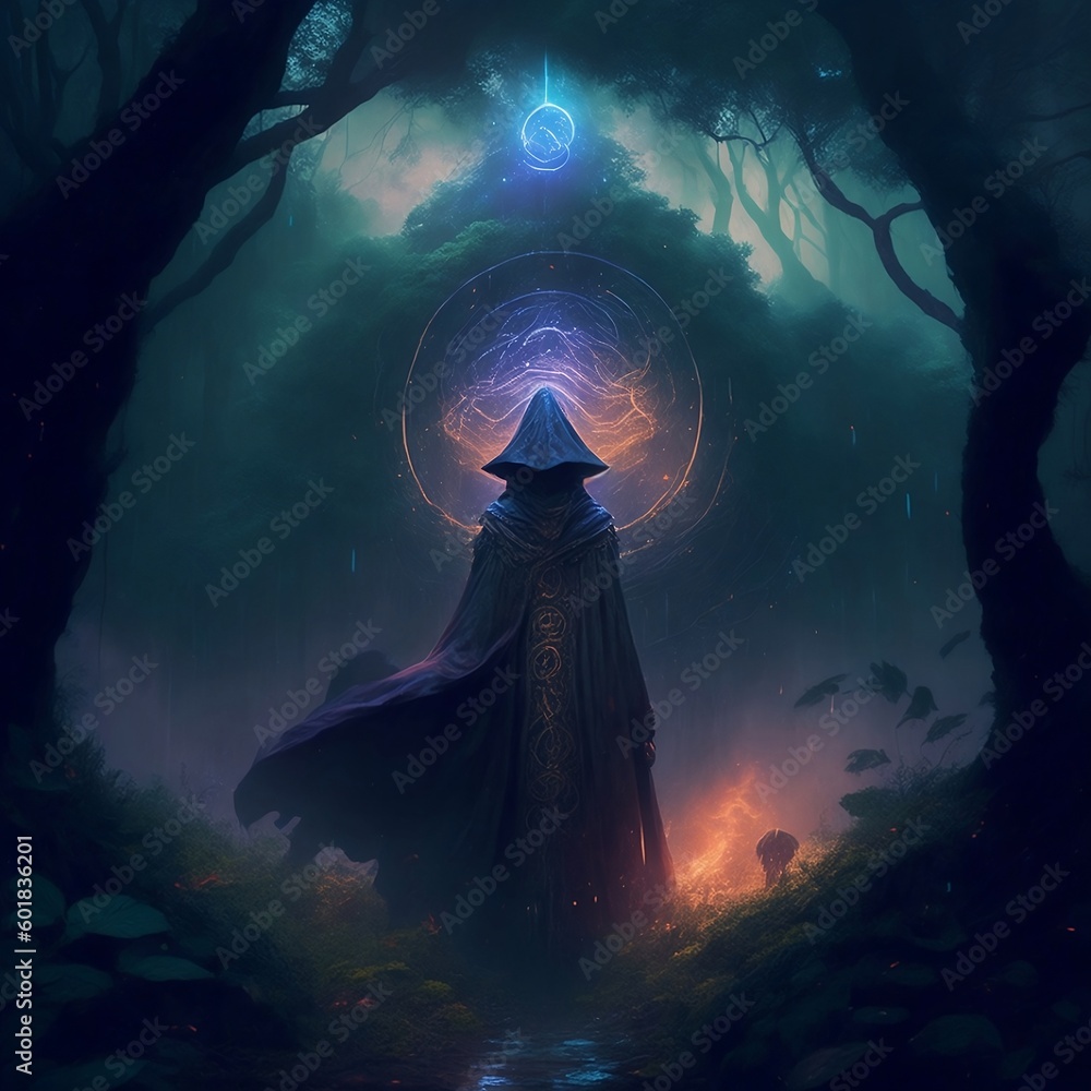 In a dense jungle, a cloaked figure with a staff stands amidst a circle ...