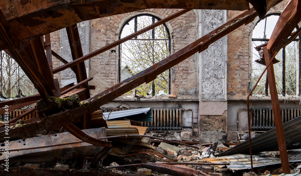 The bombed building of the house of culture in the city. War of Russia ...