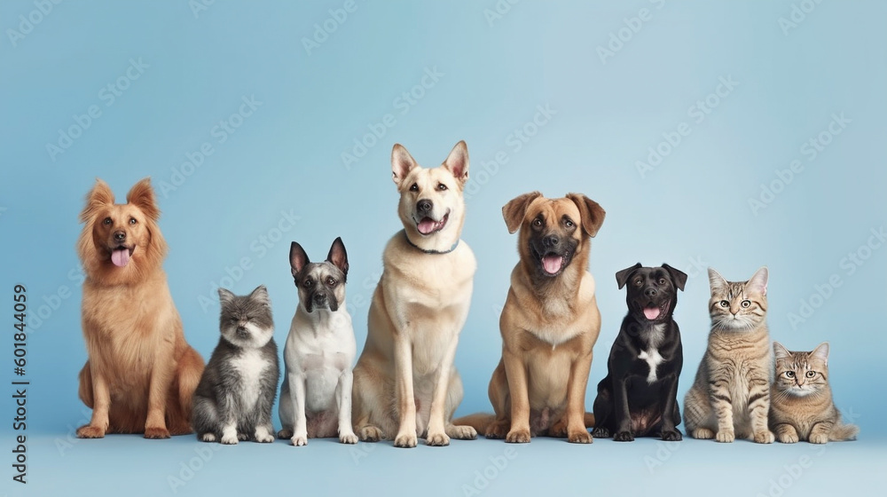 Group portrait of dogs of various shapes, sizes, and breeds. Stray pets ...
