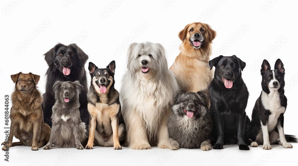 Group portrait of dogs of various shapes, sizes, and breeds. Stray pets ...