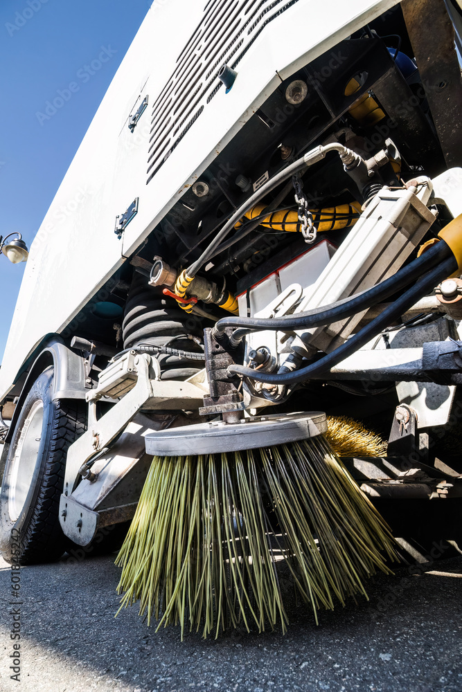 round brush of street sweeper machine. Vehicle with rotating broom for ...
