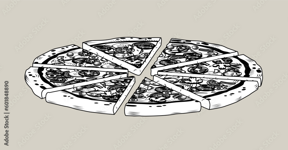 Large round pizza cut into equal parts. Vintage engraving stylized line ...