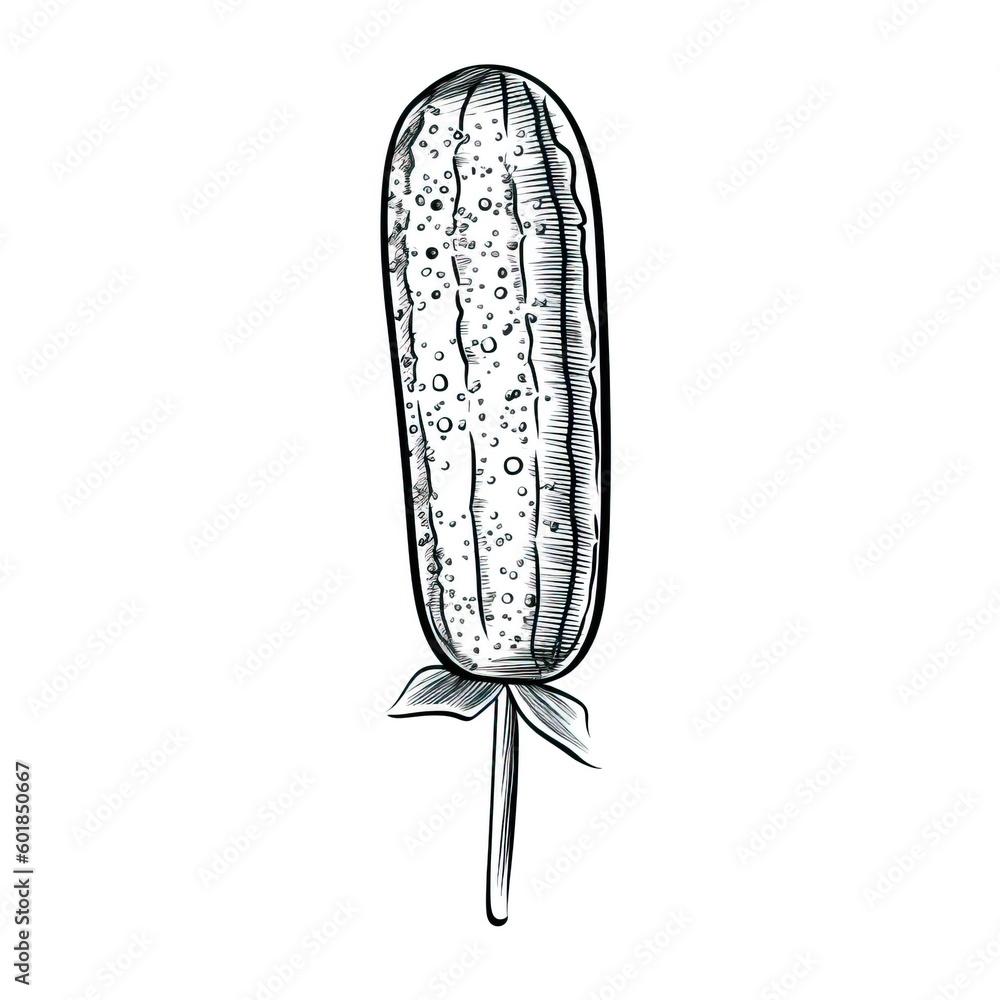An illustration of a hand drawn black and white sketch of a corn dog ...