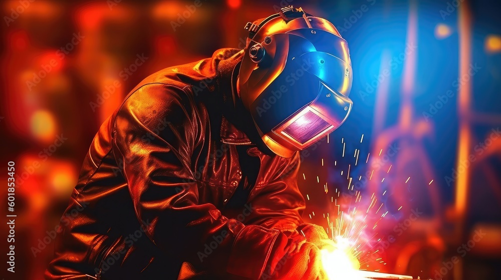 Man welding with covering face with shield sparks coming out from ...