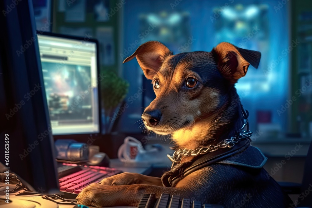 Cute dog works in the office at the computer. Concentration and ...