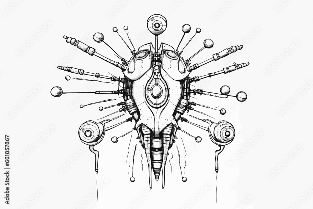 Doodle inspired Cybernetic implant, cartoon sticker, sketch, vector ...