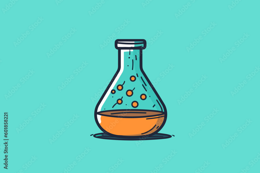 Doodle inspired Erlenmeyer flask, cartoon sticker, sketch, vector ...
