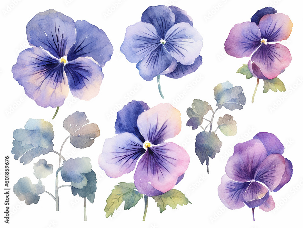 illustrazione di set di violette in stile acquerello su sfondo bianco ...