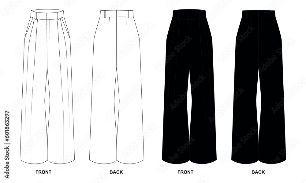 Collection of vector illustrations of wide trousers with tucks and ...