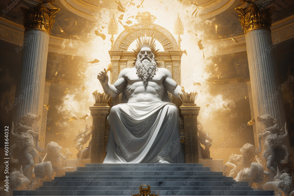 Zeus sits on his throne in a pantheon of the gods, Generative AI Stock ...