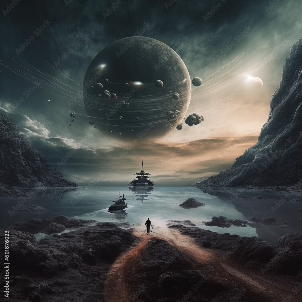 Lonely explorer at the shore of a space ocean with explorer vessels ...