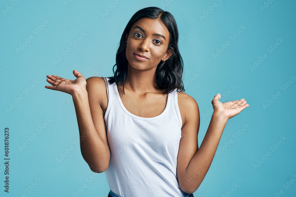 Choice, portrait and woman with option gesture in studio with question ...