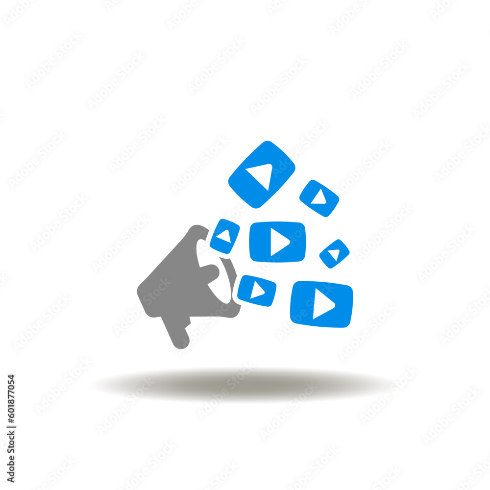 Vector illustration of megaphone and flying stream of play button. Icon ...