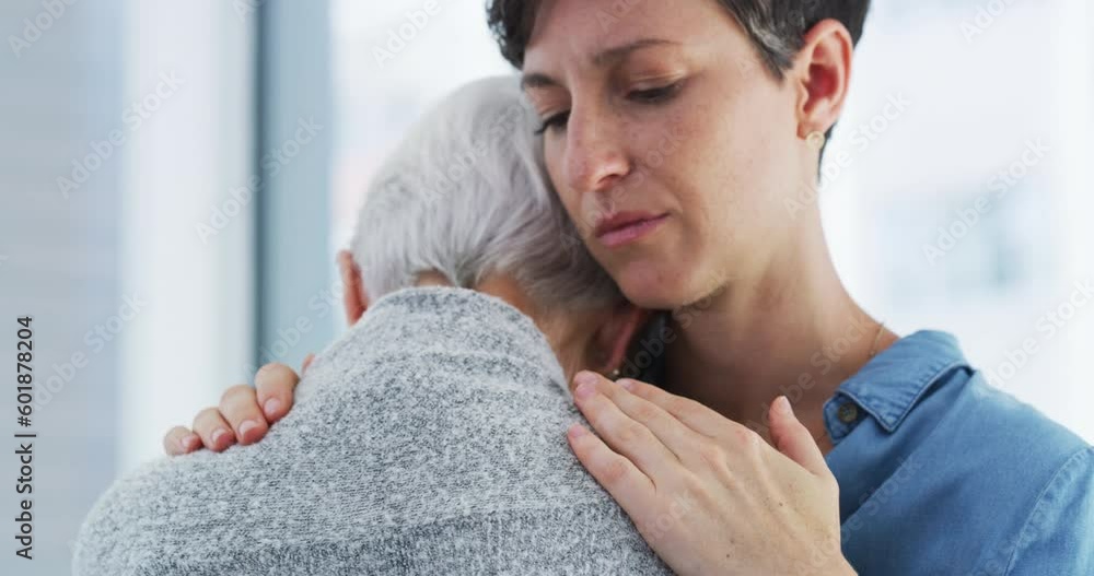 Hug, support and sad with mother and daughter for empathy, connection ...