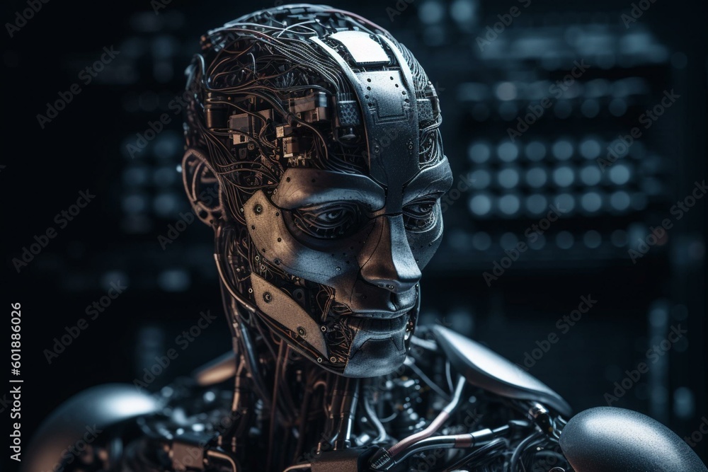 A cyborg with technical knowledge, circuit board, CPU, GPU, motherboard ...