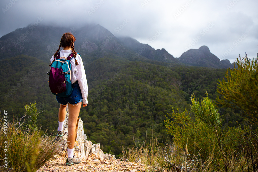 beautiful and brave girl standing at the top of the hill with large ...