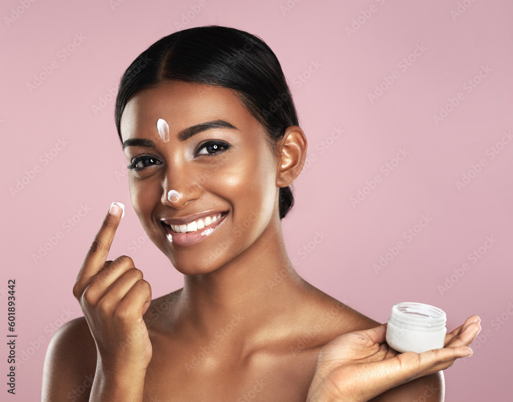 Skincare, face and woman with cream container in studio isolated on a ...