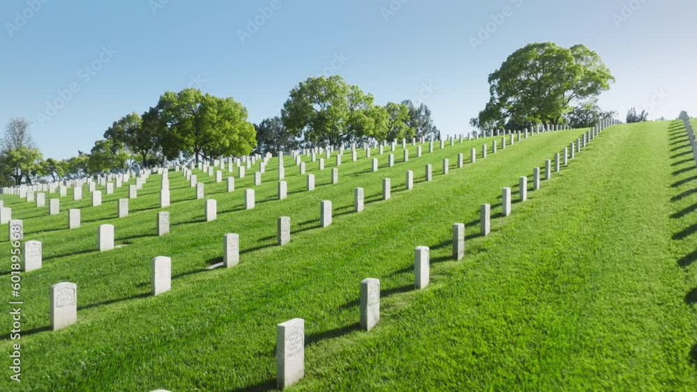 Peaceful funeral concept. Aerial Los Angeles National Cemetery ...