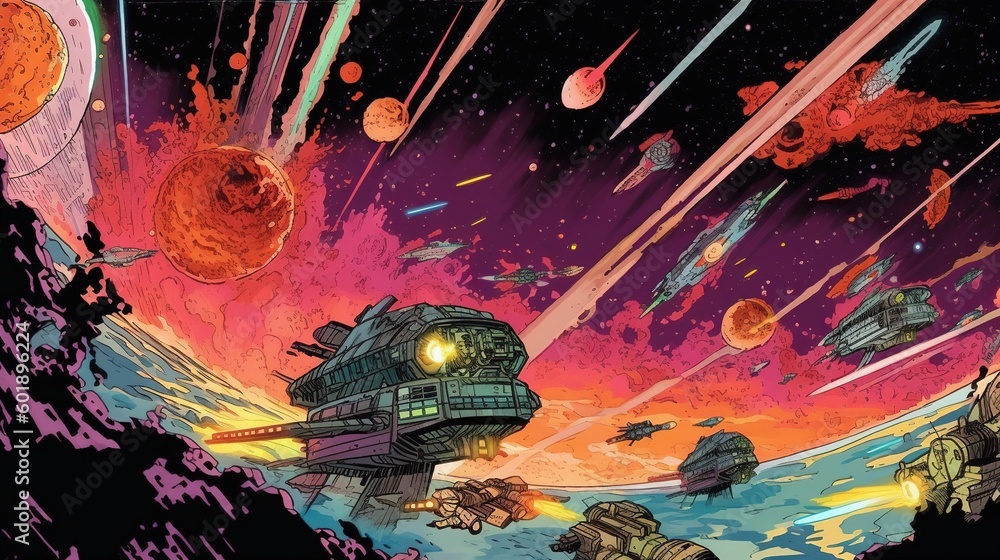 Poster, Foto A comic-style illustration of a space battle between ...