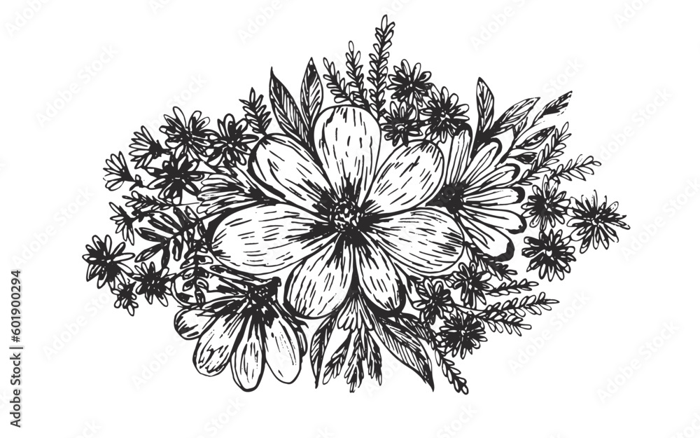 Delicate sketch hand drawn black floral composition. Beautiful outline ...