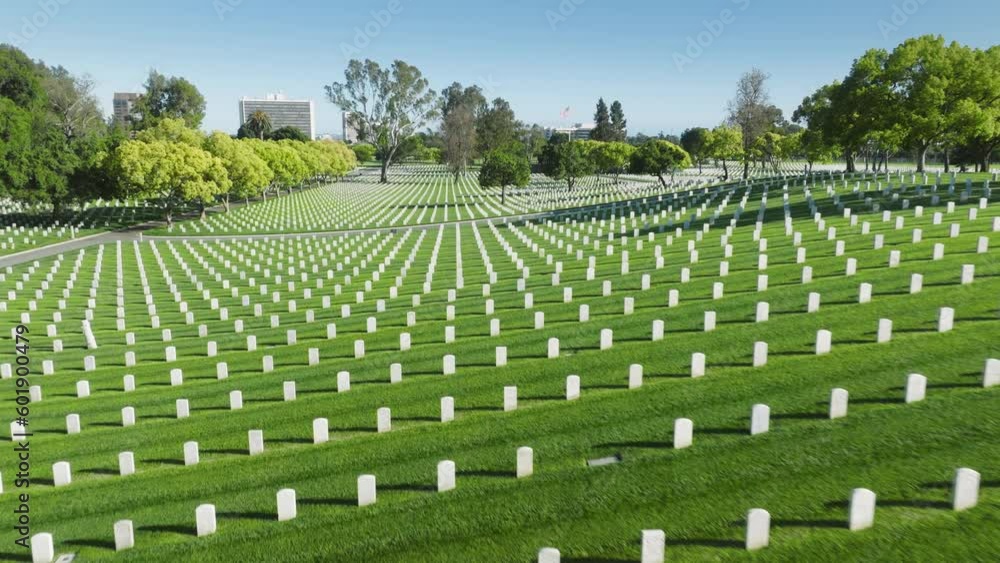 Drone flying above scenic green field with straight rows white grave ...