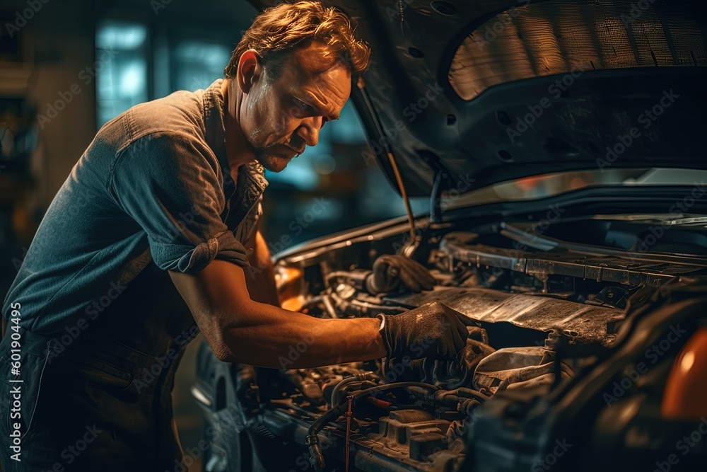 With unwavering concentration, a car mechanic fixes the intricate ...
