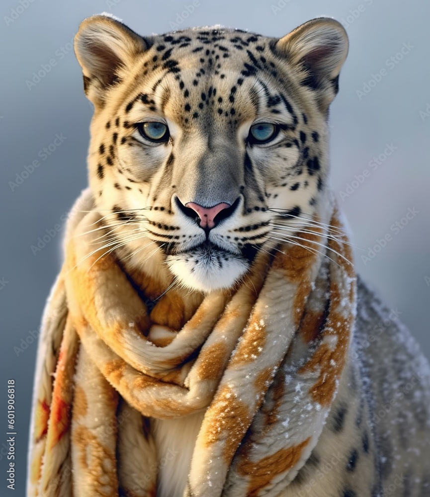 white snow panther with scarf in a grey background, portrait created by ...