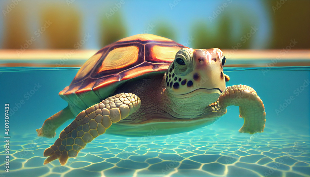 Happy Turtle having fun at summer holidays in a swiming in pool Ai ...
