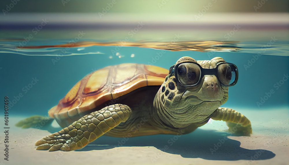 Happy Turtle having fun at summer holidays in a swiming in pool Ai ...