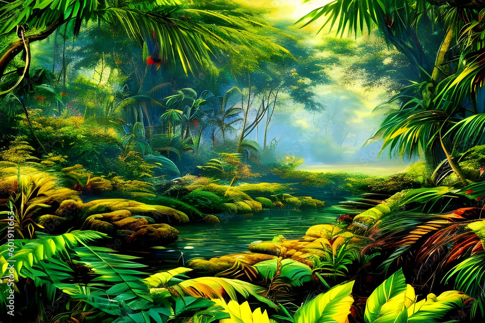 Painting. Jungle. Art. Nature. AI generated. Forest. Tropical. Wildlife ...