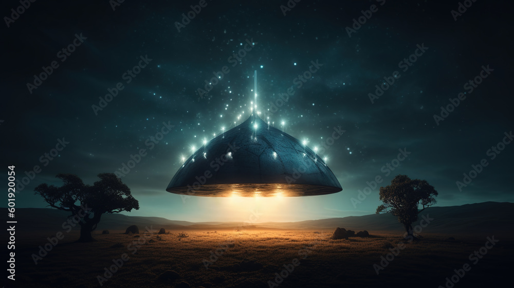 Surreal, dark, triangular UFO with glowing lights floating above the ...
