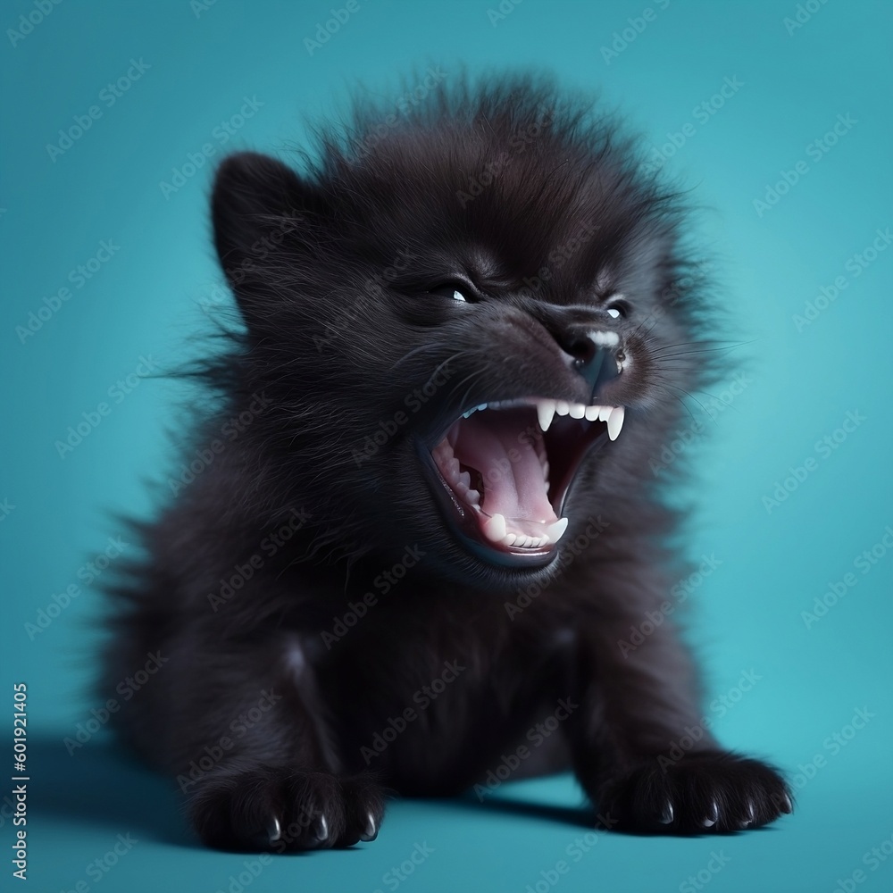 Growling black furry puppy portrait on the blue background created with ...