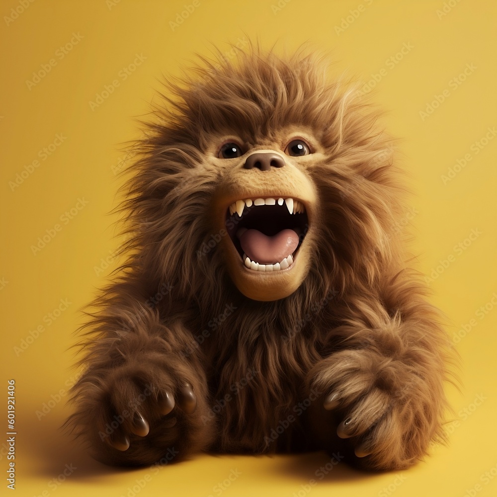 Cute furry baby bigfoot on the yellow background created with ...