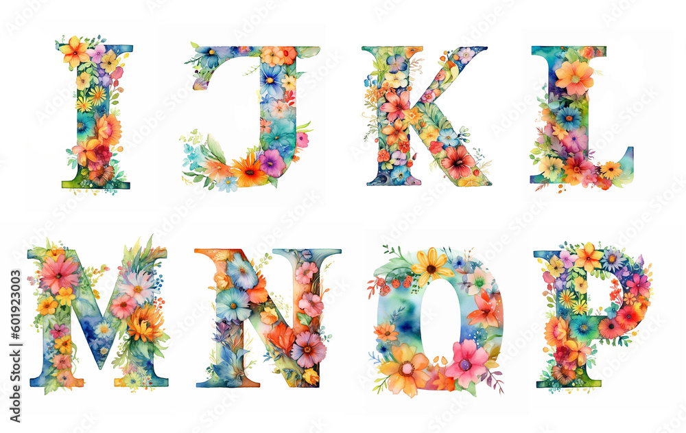 Set of watercolor cute summer letters with colorful wildflowers on a ...