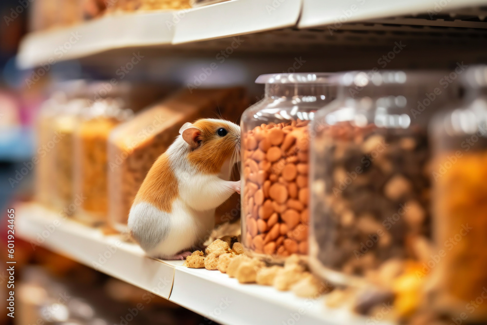 Cute hamster in a pet store looking and choosing its own food. Generative AI Stock Illustration ...
